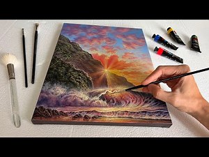 How to PAINT a Sunset Wave Seascape | Acrylic Painting for Beginners