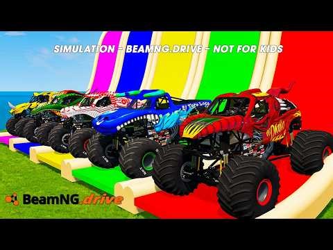 5 MONSTER TRUCKS vs GIANT COLOR WATER SLIDE #053 - BeamNG.Drive