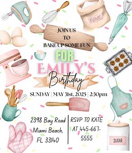 Baking Birthday Invitations, Girl Birthday Flyer, Kids Baking and Cooking Birthday Theme, Baking Theme - Etsy