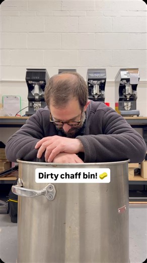 Dirty chaff bin! 🧽 The chaff bin collects all the dehydrated silver skin released from the green coffee during roasting. It gets super hot and is routinely sprayed with jets of water to quench the pile so it does not ignite. The chaff bin sits directly underneath the Loring’s burner and flame. I empty at the end of every day I roast coffee and if my production requires more than 15 batches, I will empty it at that increment during the day. However, I’ve never wiped the inside 😪 It’s now got ba