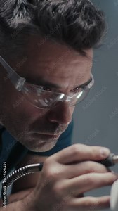 Senior automotive design engineer uses a rotary tool for perfecting the rake sculpture of a car model in a high tech company. Engineer wearing safety goggles works in an automotive company. Vertical