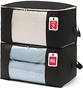 Amazon.com: 90L Large Storage Bags for Clothes and Blanket, Pack of 2 Clothes Foldable Storage Bins, Foldable Blanket Clothing Storage Containers with Lids and Durable Handles and Zipper for Closet (Black) : Home & Kitchen