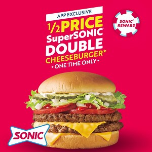 1.3K views · 957 reactions | New app reward is here!  Score a SuperSONIC® Double Cheeseburger for ½ price when u order in the app before June 13! Reward is valid one time through June 13, 2023 for one half price SuperSONIC Double Cheeseburger when you order and redeem online or in the SONIC App as a registered user. Add-ons cost extra. Not valid with Combos, delivery or any other offers. Mobile ordering available only at select locations; hours may vary. | Sonic Drive-In | Facebook