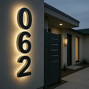 Custom Outdoor LED House Numbers – Weatherproof 304 Stainless Steel Backlit Address Numbers, Solar Powered & Plug-In Lighted Numbers, DIY Installation for Home, Garage, Shop – MOLCOVEX