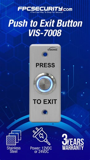 🔵 💧 Push to Exit Button Indoor Outdoor Weather, Waterproof Learn more about the VIS-7008 Outdoor Exit Button here: https://bit.ly/3ZMwmSn Key Features · Weatherproof design: IP65-rated for outdoor use. · Slim, round, and stainless steel for a sleek, modern look. · Blue LED indicator for clear visual operation in both standby and active modes. · Compatible with NO, NC, and COM outputs for versatile access control integration. · Easy installation for hollow doors. · Mechanical life of 100,000 cy
