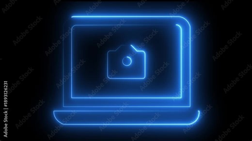 Neon laptop icon displaying a prohibition sign over a camera symbol, representing webcam disabled, camera blocked, privacy protection, security restriction, and online safety.