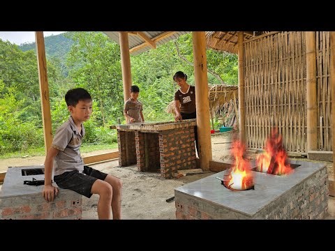 Woman builds kitchen table with red bricks and cement // cooking table | Lý Thương country life