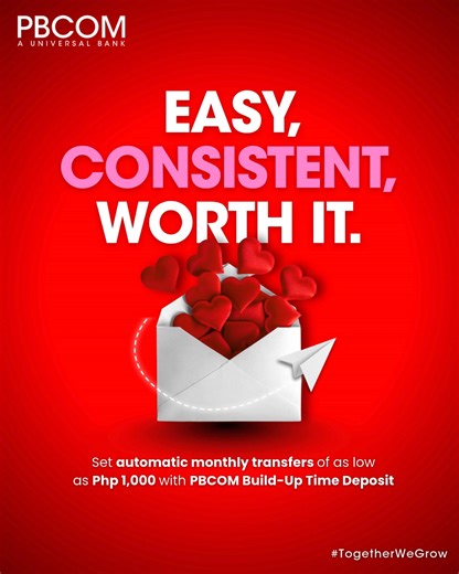 Growing your savings is a lot like love— consistency is key! 🔑❤️ With PBCOM Build-Up Time Deposit, you can set up automatic transfers so you can watch your savings grow every month! To learn more, visit https://bit.ly/PBCOM_Build-UpTimeDeposit PBCOM is regulated by the Bangko Sentral ng Pilipinas https://www.bsp.gov.ph . For inquiries or concerns, please call PBCOM Customer Care at (02) 8777-2266 or 1-800-10-777-2266 (Domestic Toll-Free) or BSP Consumer Protection and Market Conduct Office at (