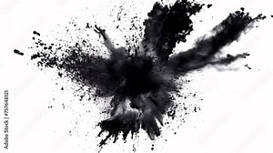 Explosive black powder particles drops splash, isolated on white backdrop