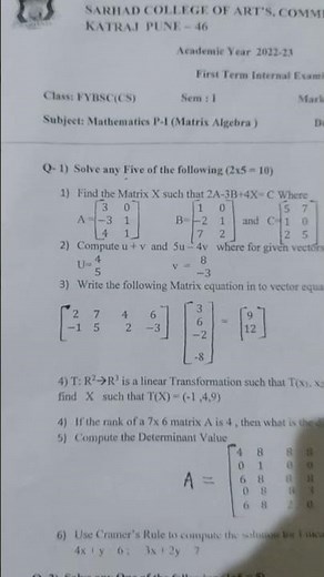 Fybsc(computer science) first semester internal examination matrix algebra 15Marks