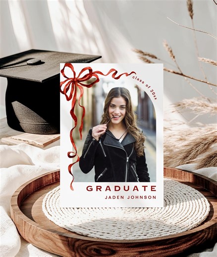 2026 Trendy Red Bow Ribbon Graduation Party Invitation Funky Whimsical Photo Card 5x7 Corjl Editable Template, Digital JPG PDF   Print POD - Etsy