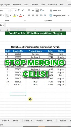 MS Excel - Funclub | Abdul on Instagram: "How to "Merge" Cells Without Breaking Data 🤯 Here is the professional way to do it: 1️⃣ Select the cells. 2️⃣ Press Ctrl + 1 (Format Cells). 3️⃣ Go to Alignment tab. 4️⃣ Under Horizontal, choose Center Across Selection. 5️⃣ Click OK. It looks exactly like a merged cell, but you can still select individual columns! 🤯 ✅ Save this to keep your data clean! 🚀 Follow excelfunclub for daily tips! #excel #exceltips #formatting #centeracrossselection #dataanal