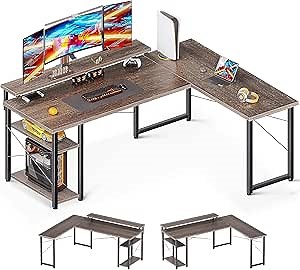 ODK L Shaped Gaming Desk, 53'' Corner Computer Desk with Monitor Stand & Storage Shelf, Grey