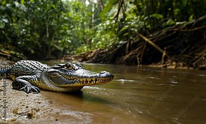 Spectacled Caiman Resting by Rainforest Creek: A Close-Up View of Wildlife in its Natural Habitat