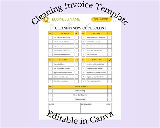 Cleaning Service Checklist Template, Editable Canva Cleaning Business Task List Form - Etsy