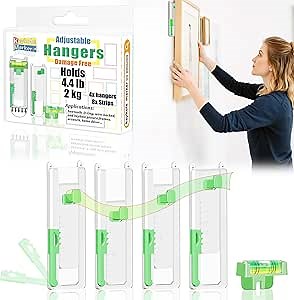 Adjustable Damage Free Picture Hanging Frame Hangers, Wall Hooks with Adhesive Strips and Level Tool, Fits Sawtooth, Wire, D-Ring & Keyhole Frames, Canvas Art & Wall Decor, Strong Hold