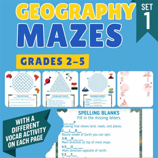Geography Mazes Set 1 Continents Countries Capitals Maps 2nd 3rd 4th 5th Grade