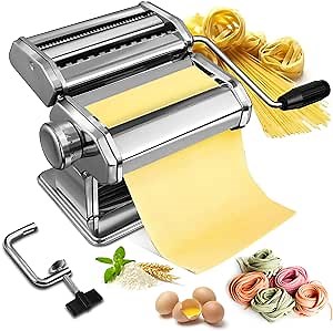 Manual Pasta Maker, Soldow 150 Roller Pasta Machine Stainless Steel, Thickness Adjustable Noodles Maker for Homemade Spaghetti, Fettuccini, Lasagna, Includes 2 in 1 Cutter, Removable Handle and Clamp