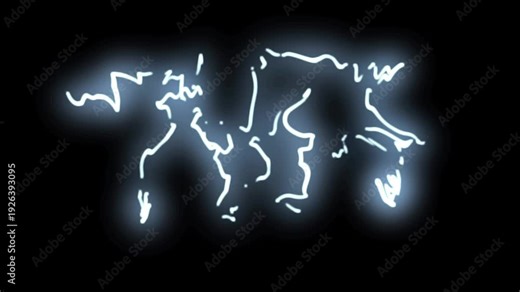 Bright white lightning bolt striking across a black background, symbolizing power and energy, cartoon lightning thunderstorm use this any animation background, transparent 4K video, alpha channel