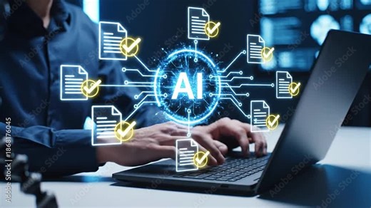 Professional uses AI-powered laptop for automated digital document management, data processing, and workflow optimization. Illustrates concepts of artificial intelligence, machine learning, and...
