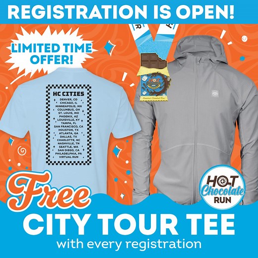 🍑 Atlanta — your sweetest start to 2026 is here! 🔥 Bonus swag drop just landed in the Peach State! Registration is officially OPEN for the Atlanta Hot Chocolate Run on February 1st, 2026 — and for a limited time, you’ll get the exclusive 2025/2026 Hot Chocolate Run Tour Tee FREE with your registration! 🍫👕 No code needed — just sign up by July 20 at 11:59 PM to claim yours. ⏳ 🏃‍♂️ Scenic streets, Southern charm, and serious chocolate 🧥 Official Hot Chocolate Run Jacket 🏅 Finisher Medal 👕 