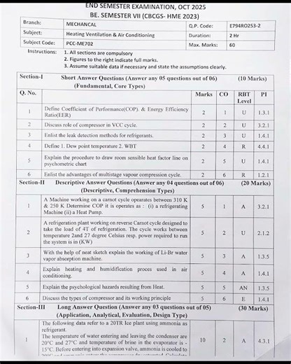 Heat ventilation and Air conditioning Question paper 2025 | BE mechanical sem 8