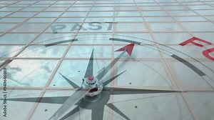 Compass pointing towards FUTURE animation over glass building reflecting sky