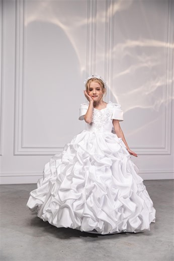 White Satin First Communion Dress for Girl, Made to Order Flower Girl Gown With Short Sleeve, Puffy Skirt and Long Train - Etsy