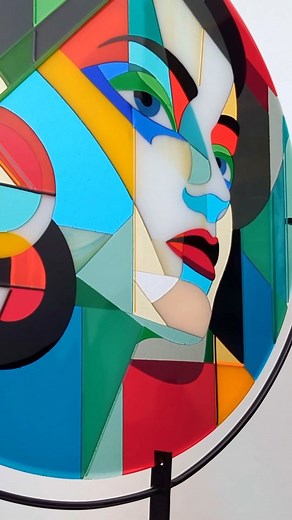 53K views · 12K reactions | 'Earrings' large fused glass art roundel on a custom-made metal stand 2024 This was my first portrait work in art glass - Almost 150 pieces in more than 40 colours - spanning the rainbow in greens, blues, reds, yellows, blues, clear and white, using both transparent and opaque glass. Sold to a client in the UK. .. #glassart #glassartist #artforthehome | Glass Art by Linda | Facebook