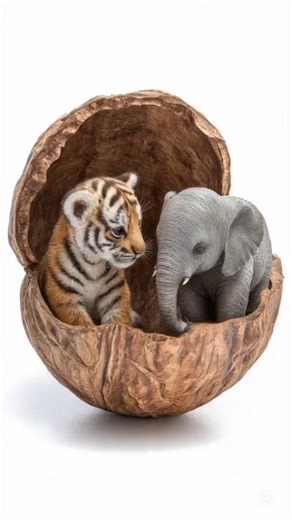Baby Tiger 🐯 & Baby Elephant 🐘 Inside a Giant Walnut Shell 🌰 | Ultra Real 12K #shorts