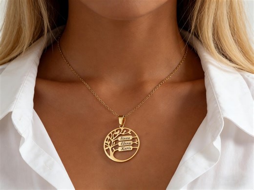 Personalized Tree of Life Necklace – Custom Family Names Pendant, Gold Plated Brass Jewelry - Etsy