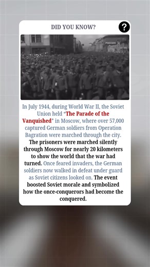 In July 1944, as World War II raged on, the Soviet Union staged a powerful and symbolic event known as The Parade of the Vanquished in Moscow. Following the massive Soviet victory in Operation Bagration — which crushed much of the German Army on the Eastern Front — over 57,000 captured German soldiers were marched through the streets of Moscow. For nearly 20 kilometers, the once-feared invaders walked silently under heavy guard while Soviet citizens watched in somber triumph. No jeering or celeb