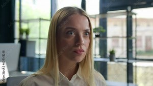 Caucasian businesswoman business woman consider think in office smart excited scheming girl come up with idea planning evil tricky plan cheating clasping hands with sly smile cunning insight gesture