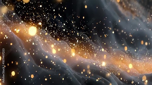 Golden dust particles shimmering on black fluid folds