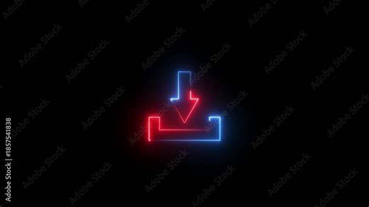 Neon red blue color download sign animation icon glowing down arrow document save file download browser network icon with black background