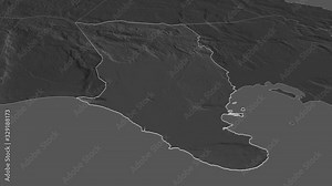 Clarendon, parish with its capital, zoomed and extruded on the bilevel map of Jamaica in the conformal Stereographic projection. Animation 3D