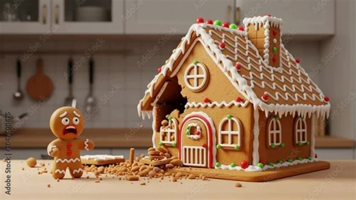 Scared gingerbread man watching his gingerbread house crumble and fall apart in a kitchen