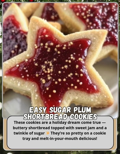 Easy Sugar Plum Shortbread Cookies | Buttery, Festive & Sparkling with Jam 🌟🍓 These cookies are a holiday dream come true — buttery shortbread topped with sweet jam and a twinkle of sugar ✨ They’re so pretty on a cookie tray and melt-in-your-mouth delicious! Ingredients: 1 cup unsalted butter, softened ½ cup powdered sugar 1 tsp vanilla extract 2 cups all-purpose flour ¼ tsp salt ½ cup plum or raspberry jam (or your favorite!) Sparkling sugar or sprinkles for decorating Instructions: Preheat o