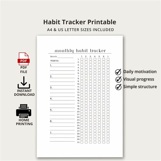 Monthly Habit Tracker PDF • One Page Habit Log Printable • Minimalist Daily Habit Planner Sheet • Routine Tracker • Instant Download - Etsy