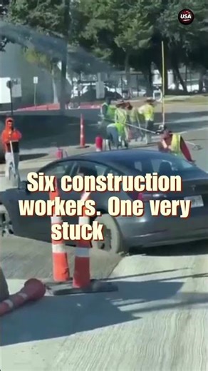 Driver Cuts Through Work Zone — Tesla Gets STUCK in Fresh Concrete
