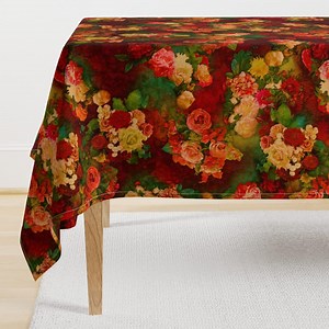 Floral Tablecloth - Vintage Roses Pattern by Dinorahaleatelier - Botanical English Garden Vintage Cotton Sateen Tablecloth by Spoonflower - Etsy