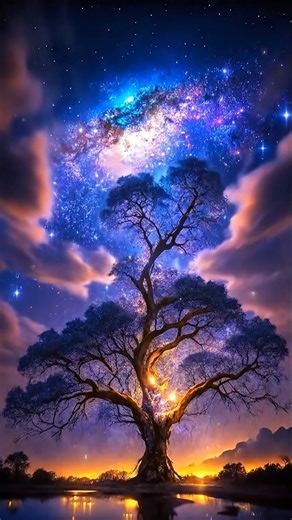 Let your soul ascend where waterfalls cascade with the colors of the cosmos, and the night sky blazes in ribbons of dreamlike auroras. Beneath sparkling moons and rivers of stardust, mountains rise as silent guardians to wonders unknown. In this magical realm, celestial waters meet the glowing forest, and a single luminous tree stretches upward - its branches woven from galaxies, its roots deep in the quiet of eternity. If you listened to the flowing light tonight, what message would the stars w