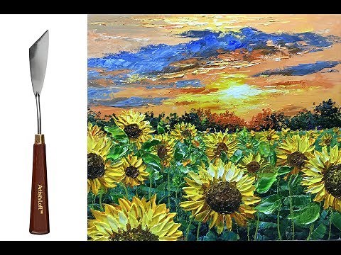 Challenge #21 Sunflower Field Landscape Oil Painting Textured Impasto Palette Knife on Canvas
