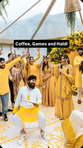 Simran Sahni and Jimmy Grover | Adventure Travel Couple on Instagram: "can confirm only coffee was consumed that morning ☕️👀 I always knew I didn’t want a bridal shower but I did want an intimate joint haldi with lots of coffee, games and good food - we had so much fun no regrets! @nehchaldhillon no one could have done a better job at hosting the games except you 🫶🏼 coffee: @theperfectsip_ food: @delhistreetbites custom haldi boards: @signature_rangoli custom Mr.LV napkins: @craftncreationsby
