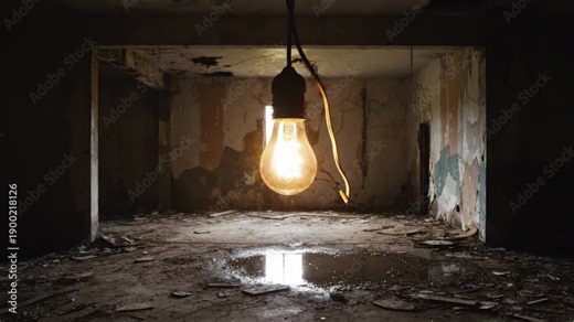 Isolated light bulb in darkness. Wide shot of a lone light bulb flickering in an otherwise completely dark room.