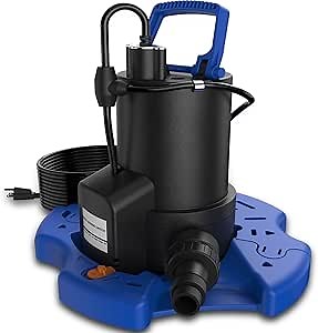 AgiiMan Automatic Pool Cover Pump - 1.5HP 4500GPH Pool Cover Pump Above Ground with Check Valve, 3 Adapters and 29.5FT Long Power Cord, Sump Pump Water Removal for Pool, Hot Tubs and Basement, Blue