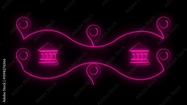 glowing neon line bank icon and location symbols set. Mapping icon collection. Geo location map path distance. GPS cartography position. Pinpoint, map search, route, navigator