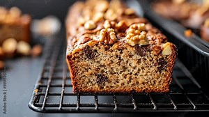 A freshly baked loaf of banana bread with walnuts and chocolate chips cooling on a wire rack
