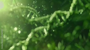 Biotechnology wallpaper with green DNA strands illuminated, surrounded by floating green particles and foliage, conveying a sense of biological discovery and mystery with natural background