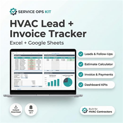 HVAC Lead + Invoice Tracker Spreadsheet | Estimate Calculator | Job + Payment Tracker | Contractor CRM | Excel & Google Sheets - Etsy